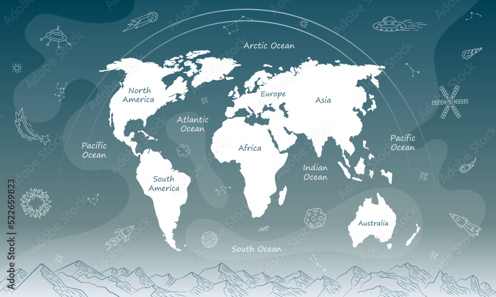 World map for kids with space planets, stars, rocket, meteors. Mural ...