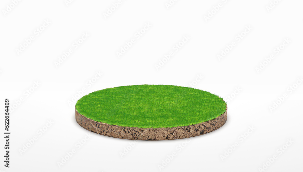 3d rendering. Round soil ground cross section with green grass on white ...