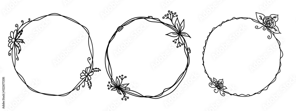 Poster Set of doodle simple circle frame with elegant leaves, twig and ...