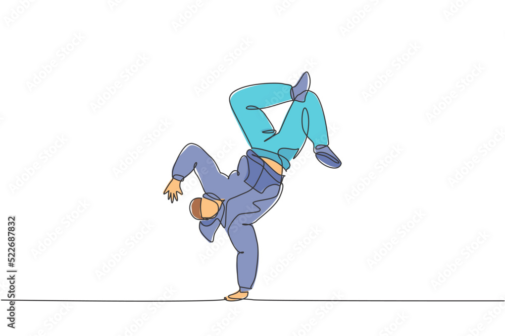 One single line drawing of young modern street dancer man with hoodie ...