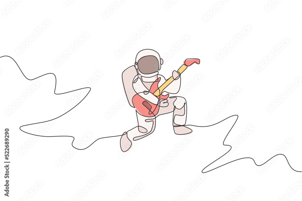 One continuous line drawing of astronaut with spacesuit playing ...