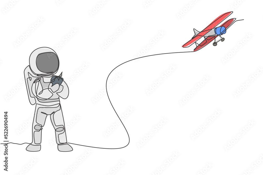 One single line drawing of astronaut playing airplane radio control in ...