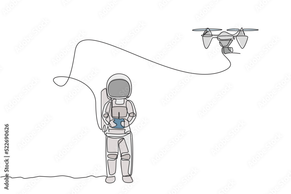 One single line drawing astronaut playing drone plane radio control in ...