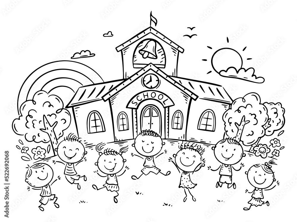 Line drawing of happy kids in front of school building, back to school ...