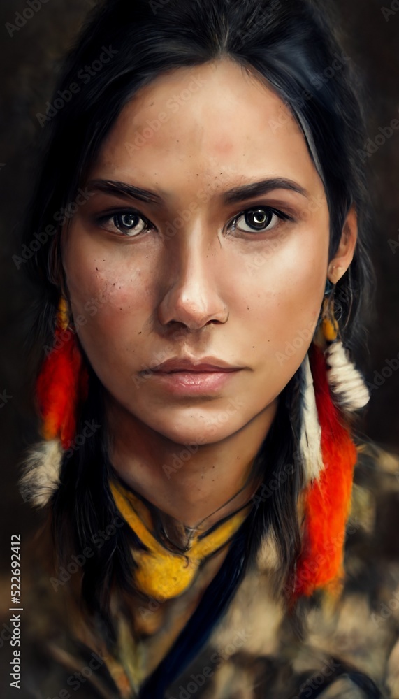 Portrait of a fictional Comanche Indian woman. An ancient Indian huntress against the background ...