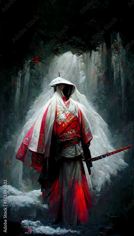 Drawing of a Japanese samurai in abstract style. Samurai in white and ...