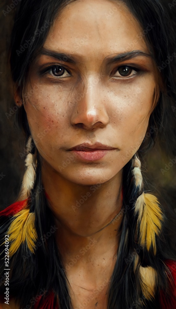 Portrait of a fictional Comanche Indian woman. An ancient Indian huntress against the background ...