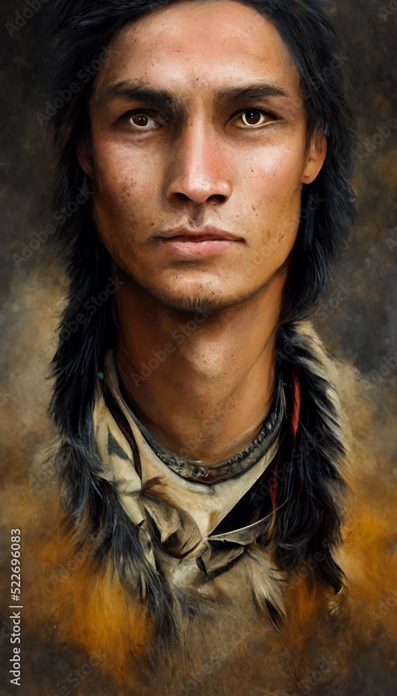 ภาพประกอบสต็อก Portrait of a fictional Comanche Indian men. An ancient ...