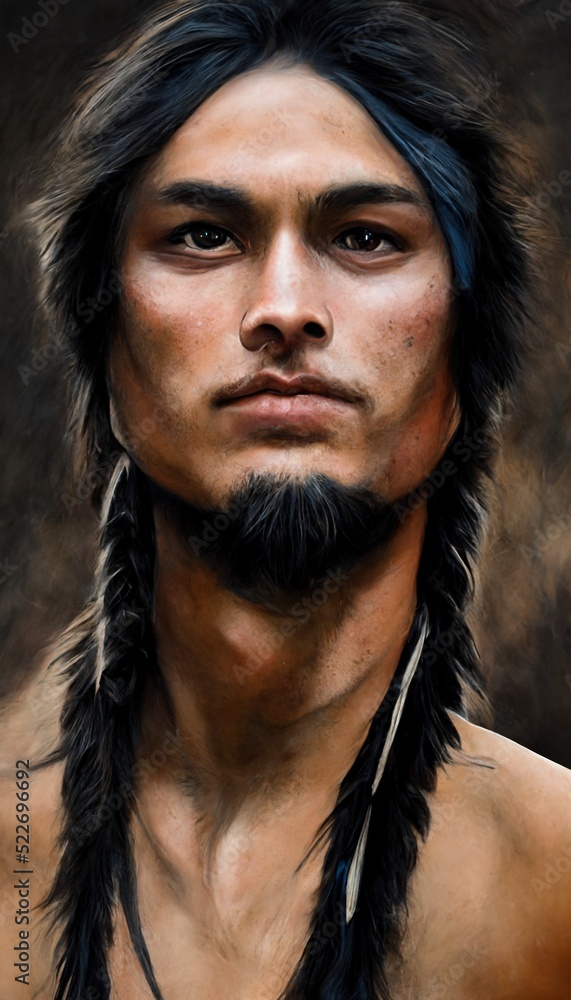 Portrait of a fictional Comanche Indian men. An ancient Indian huntress ...
