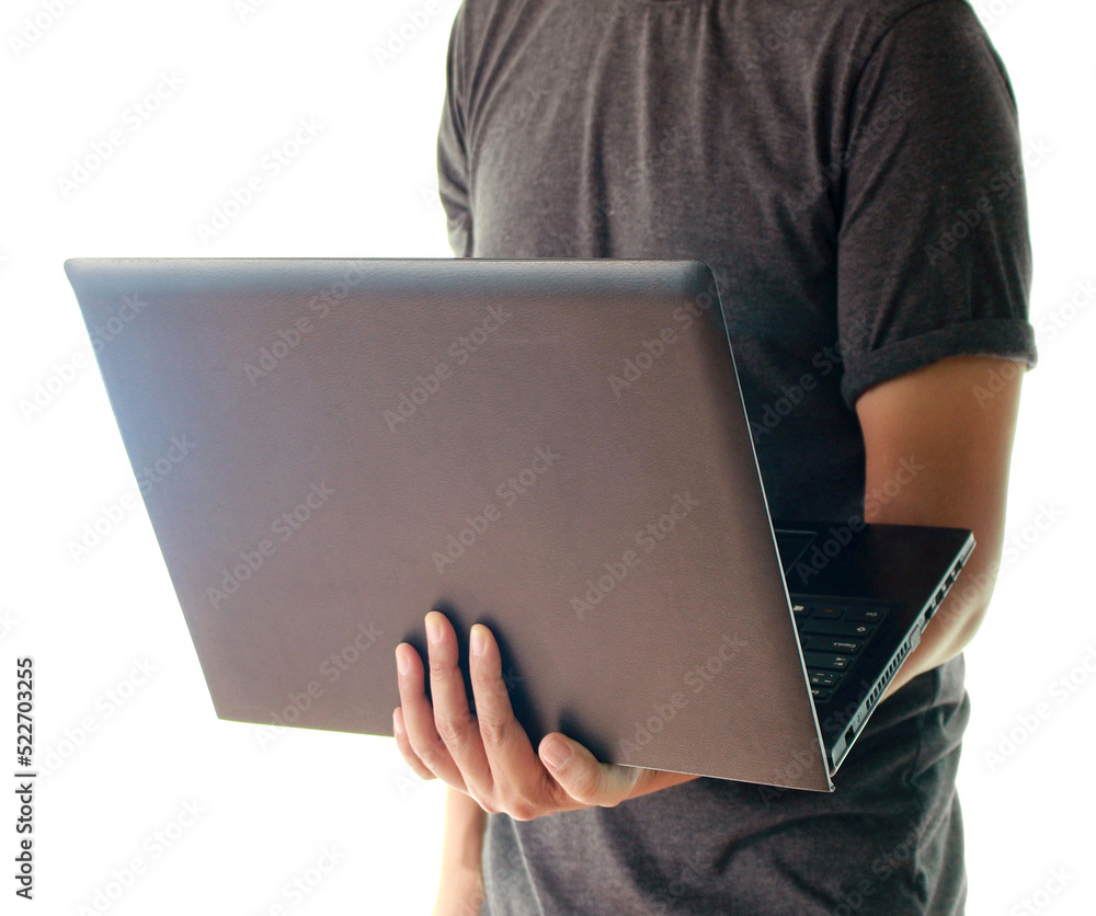 Man holding the laptop on transparent background png file Stock Photo ...