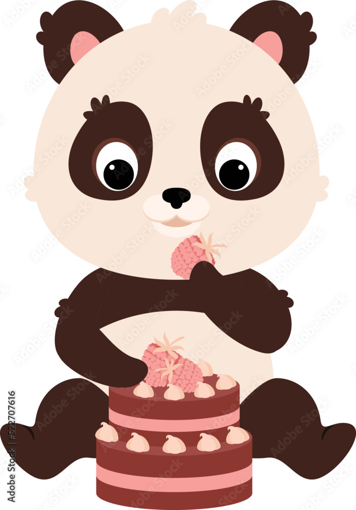 Cute panda character eating raspberry cake. Cartoon flat clip-art ...