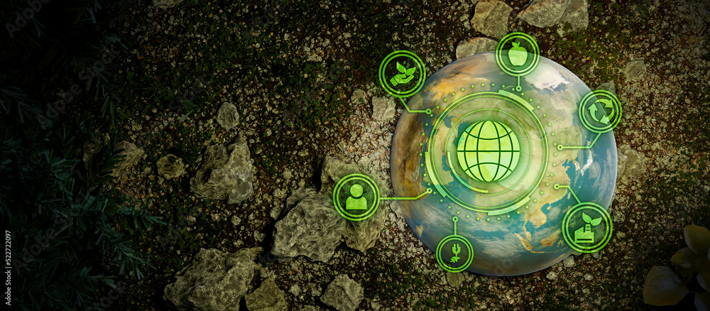Happy Earth Globe With Network Connection And ESG Icons. Environment ...