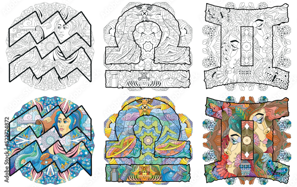 Air Signs Zodiac Libra, Gemini, Aquarius with mandala. Vector zentangle ...
