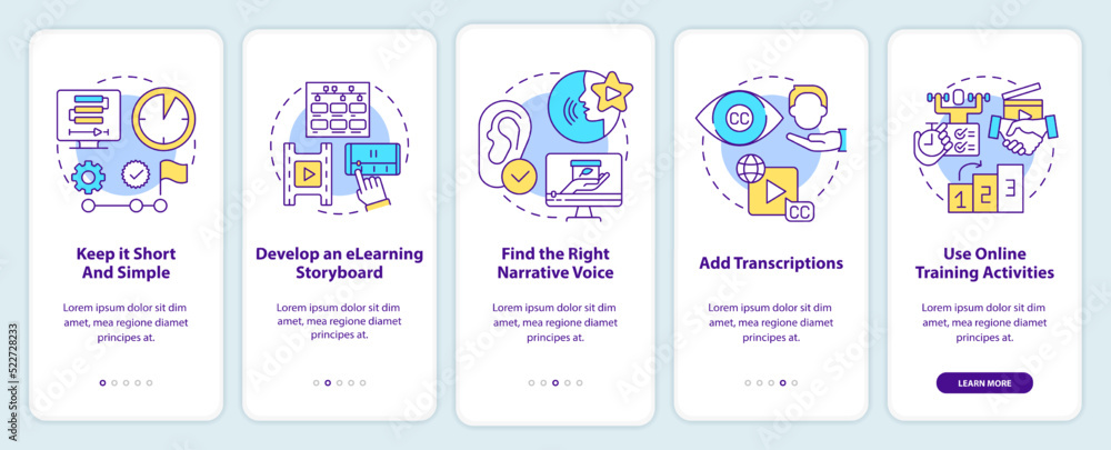Sales Online Training Videos Onboarding Mobile App Screen Walkthrough 5 Steps Editable Graphic