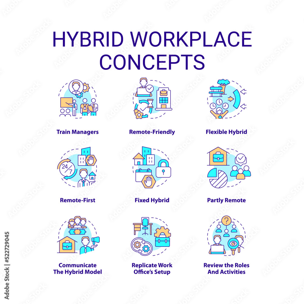 Hybrid workplace concept icons set. Remote and in office work shifts ...