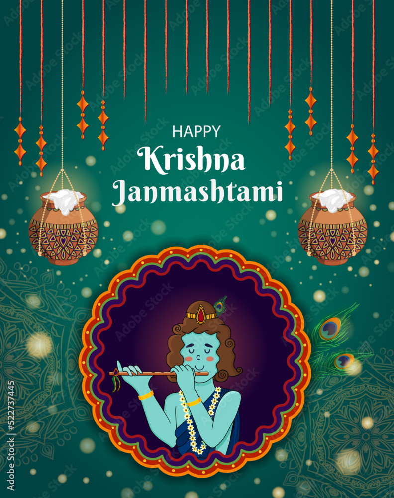 Happy Krishna Janmashtami background with matki, makhan, flute, peacock feather. Dahi Handi ...