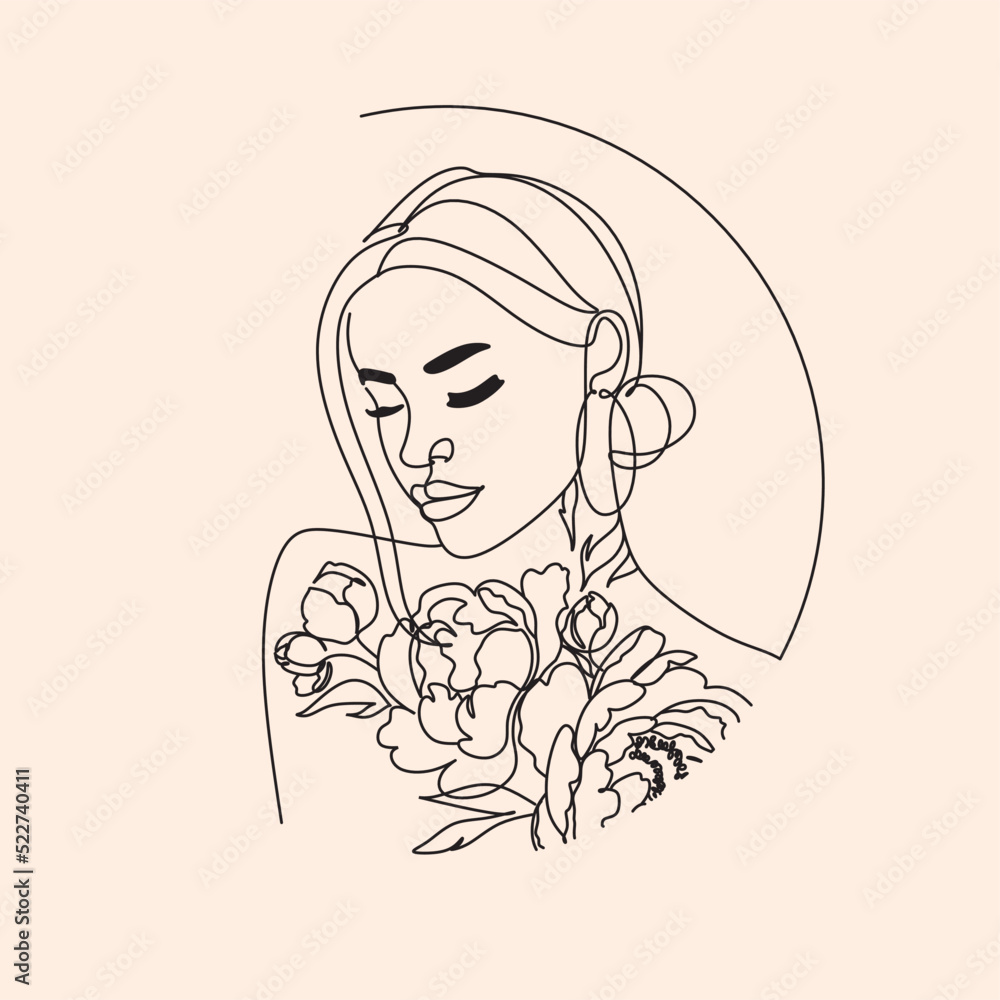 Line art minimalist floral woman face . beauty salon logo. Peony ...