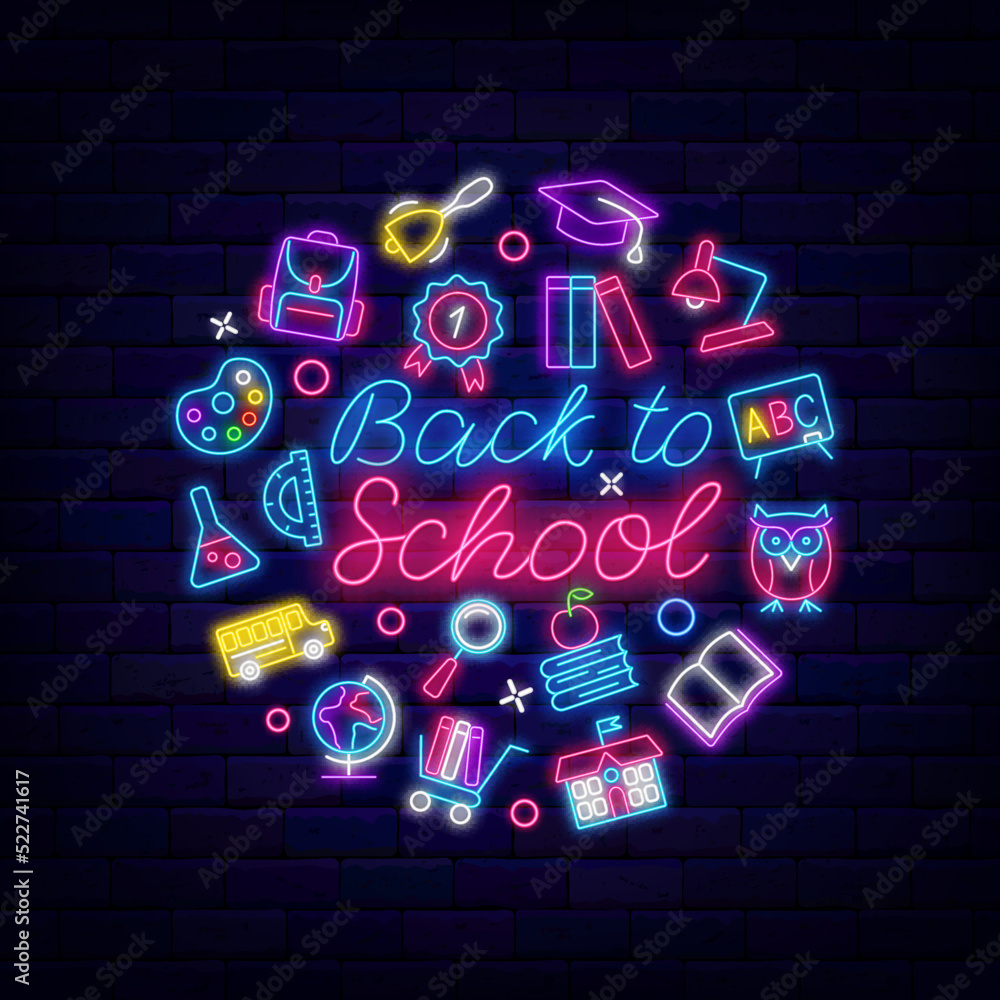 Back to school neon lettering on brick wall. Circle layout with icons ...