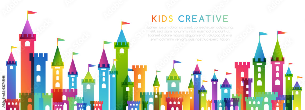 Kids imagination castle. Colorful childhood fantasy fort with rainbow ...