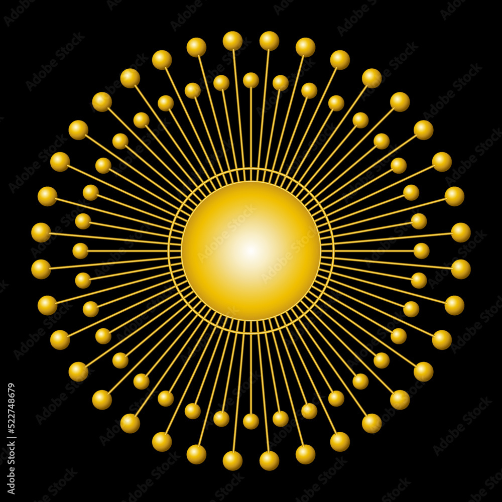 Golden sun symbol. Solar disk with 72 rays of light, with spheres on ...