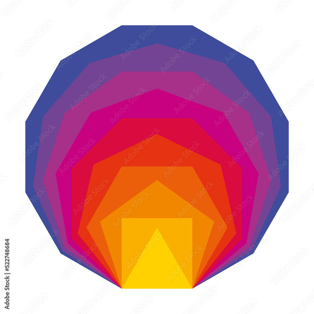 Colorful convex regular polygons, placed inside each other. Equiangular ...