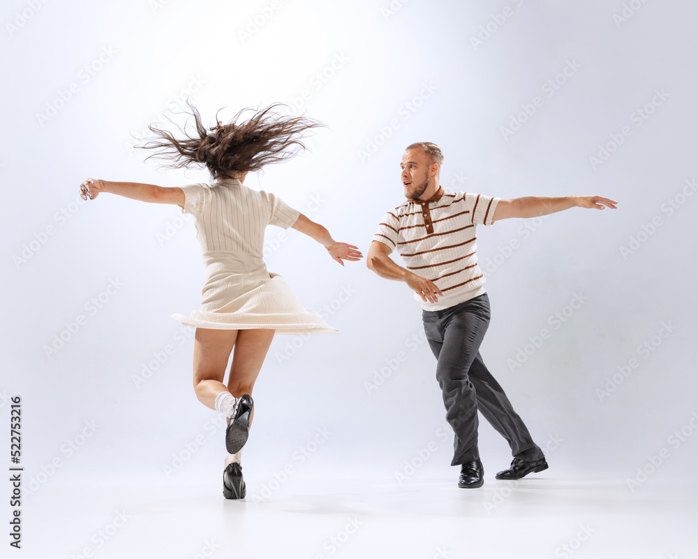 On the same wavelength. Happy young dancing man and woman dance sport ...