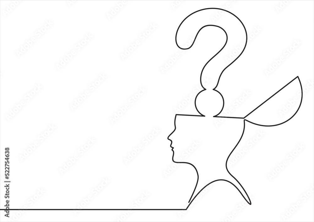 The head of a man with a question mark is drawn by a single black line ...