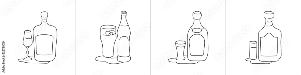 Liquor beer tequila rum bottle and glass outline icon on white ...