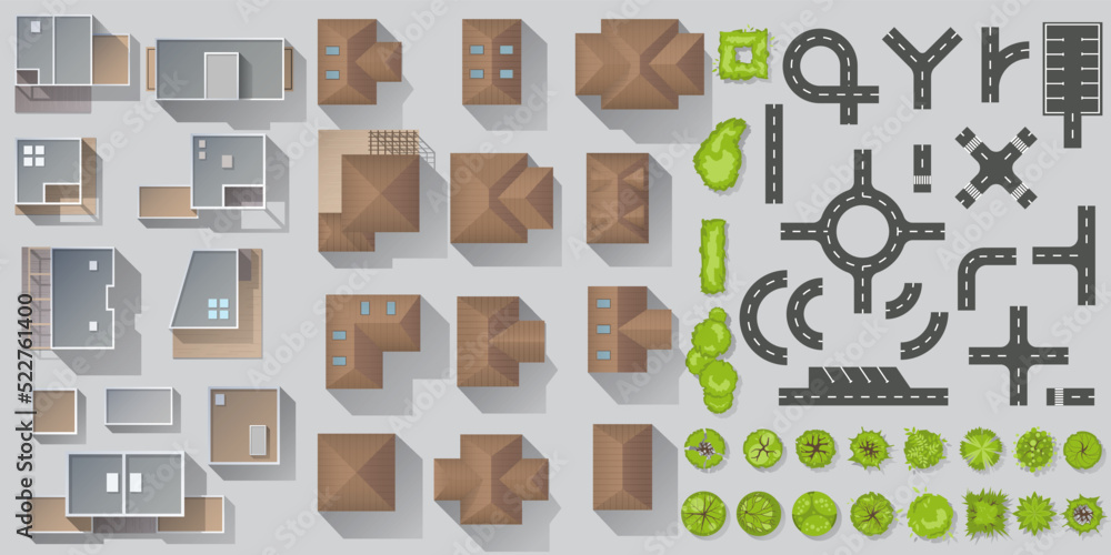 Set of elements top view for landscape design. Buildings and trees for ...