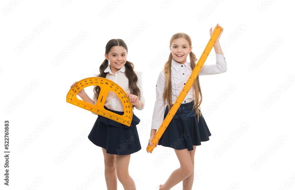 Draw geometric figures. Pupils cute girls with big rulers. Favorite ...