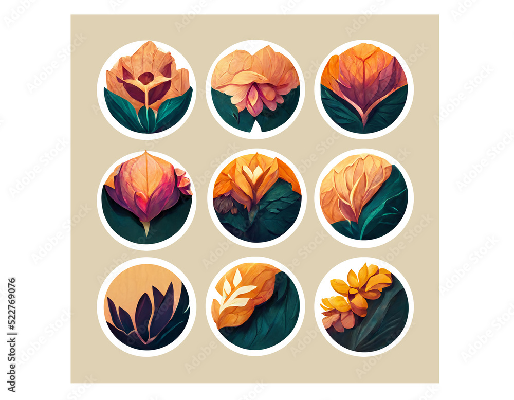 Set of round icons, gamedev, game art, flowers, logo, illustration ...