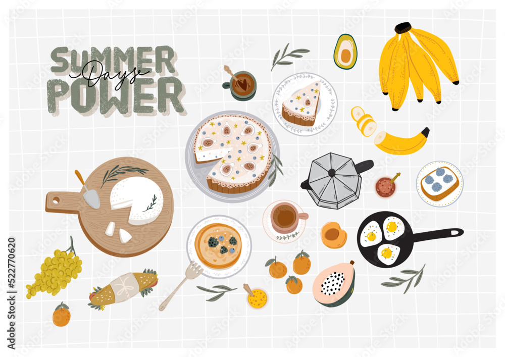 Summer picnic: fruits, berries, cake, hotdog, sandwich, bbq grill ...