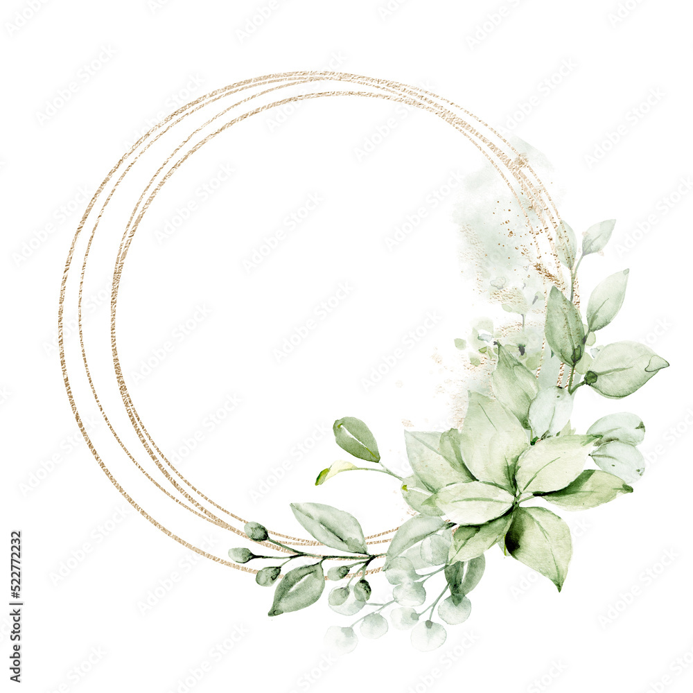 Leaves gold frame wreath border. Watercolor hand painting floral ...