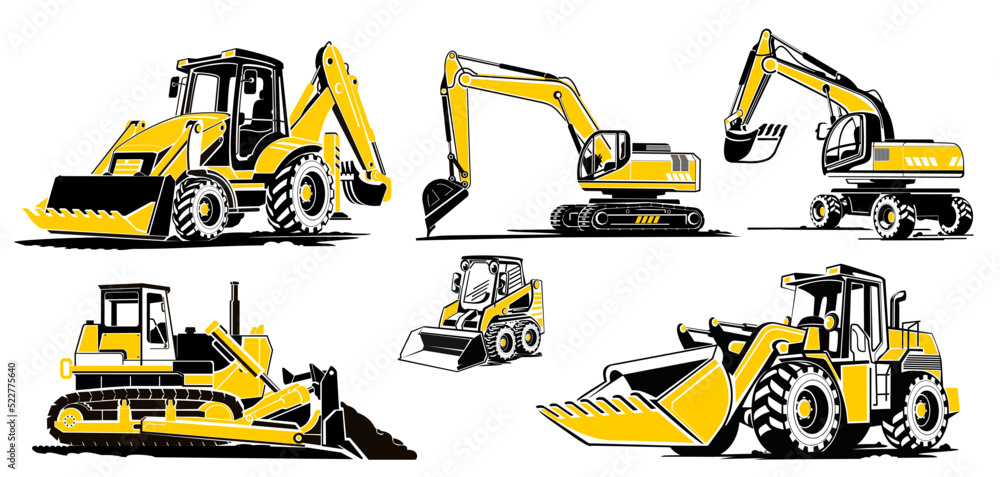 Construction equipment illustration. Backhoe loader, bulldozer ...