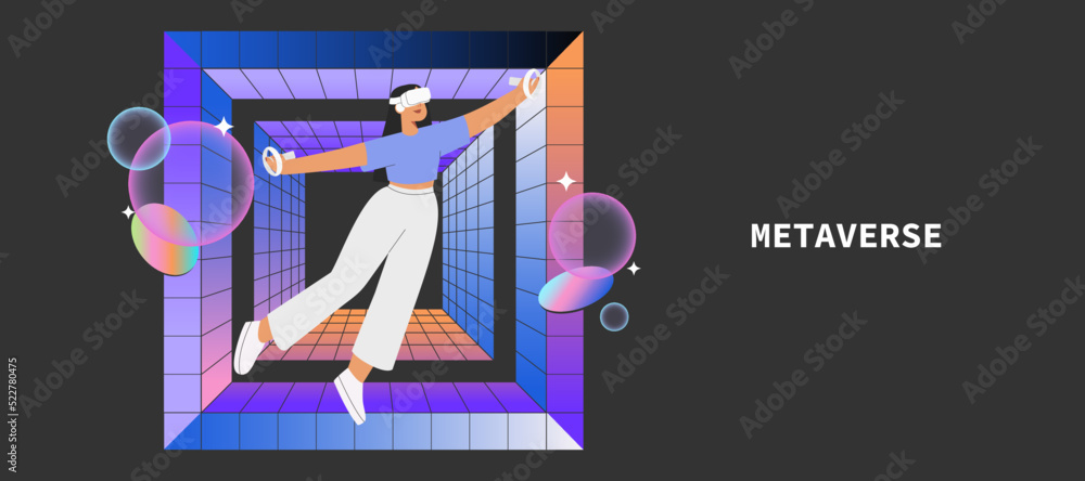 Metaverse entertainment. Flat vector illustration with woman wearing ...