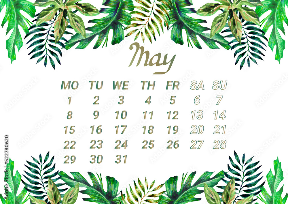 May: 2023 Calendar Template with Exotic Tropical Leaves. Calendar page ...