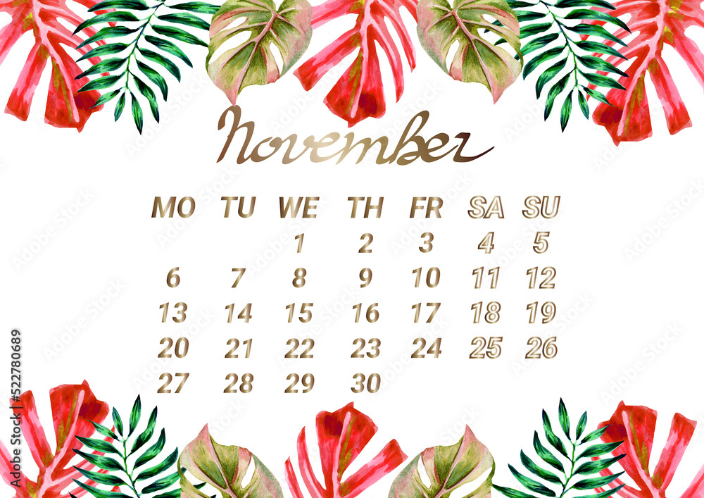 November: 2023 Calendar Template with Exotic Tropical Leaves. Calendar ...