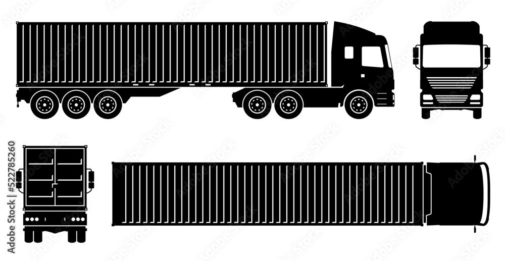 Container truck silhouette on white background. Vehicle monochrome ...