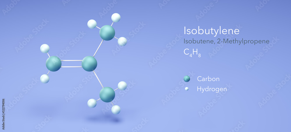 isobutylene, isobutene, colorless gas, molecular structures, 3d ...