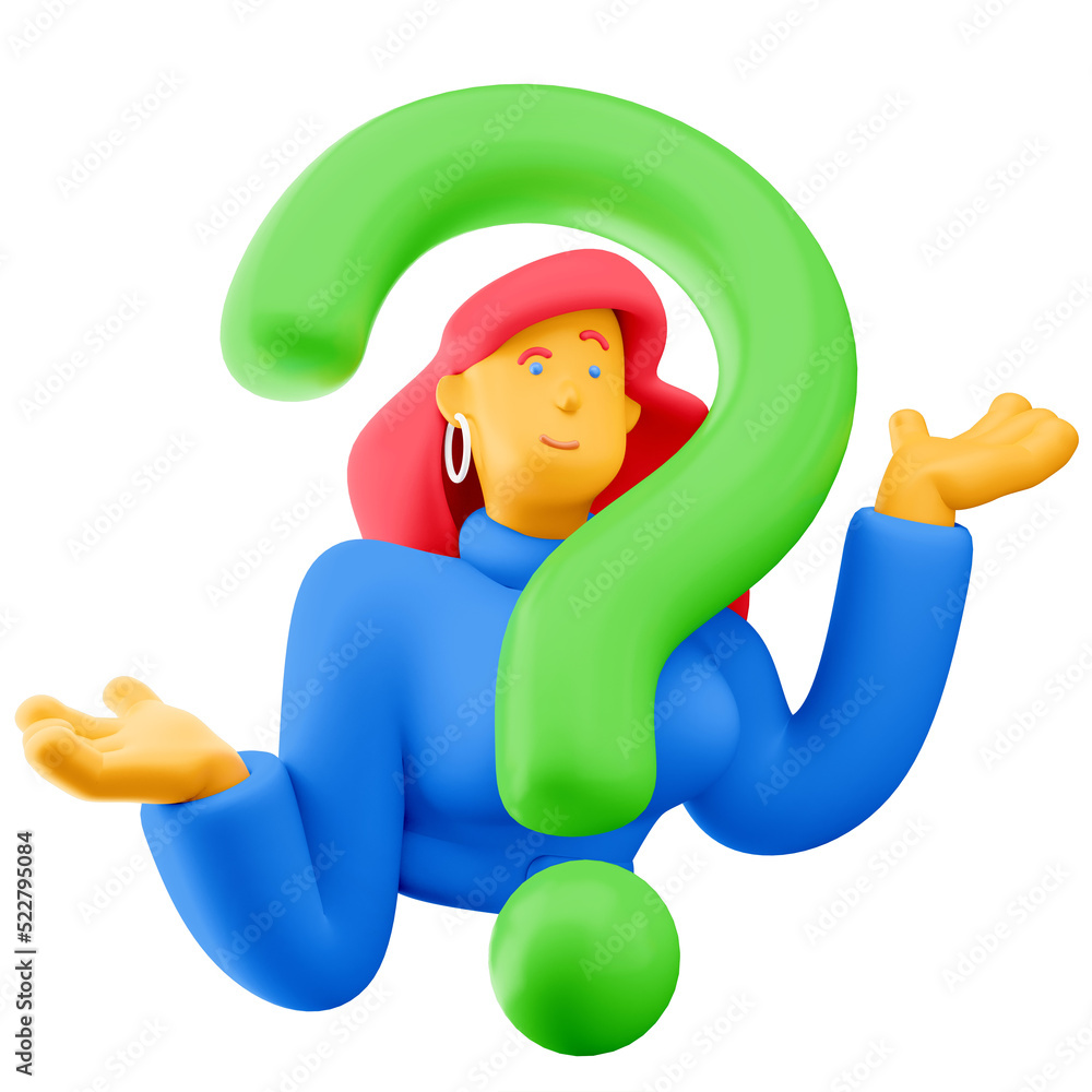 3d illustration. Cartoon girl 3d character with question mark sign. PNG ...