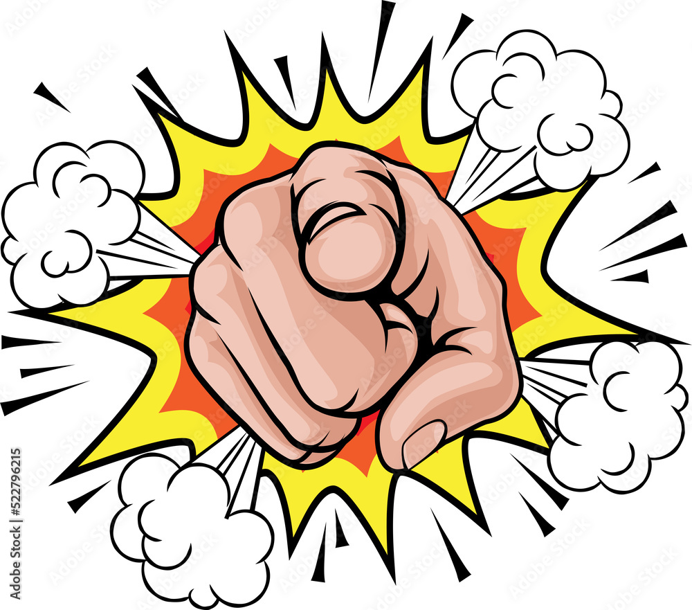 An illustration of a pop art comic book pointing cartoon hand with ...