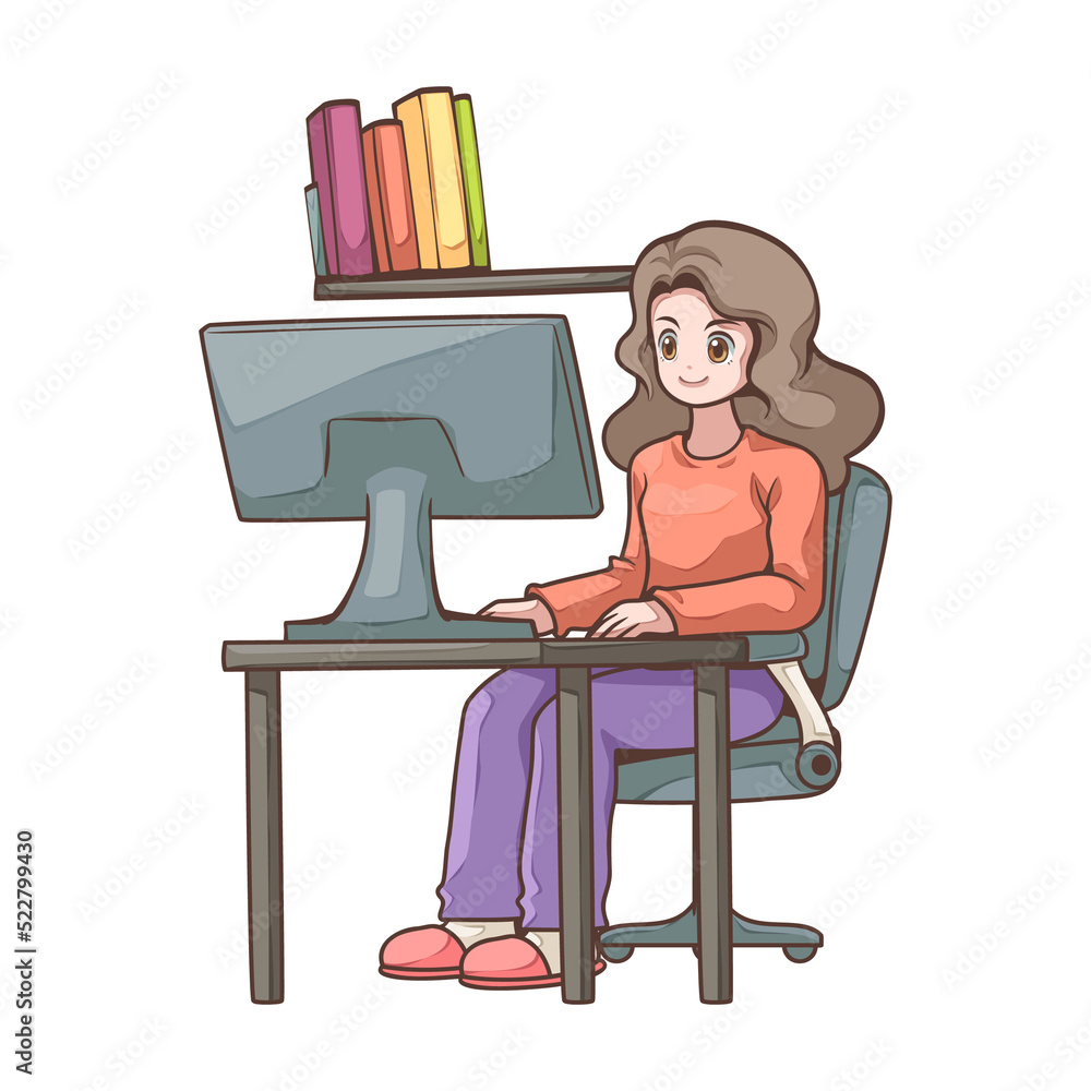 Cartoon Illustration Of Office Worker Female Cartoon Woman Sitting At A Table And Working On A