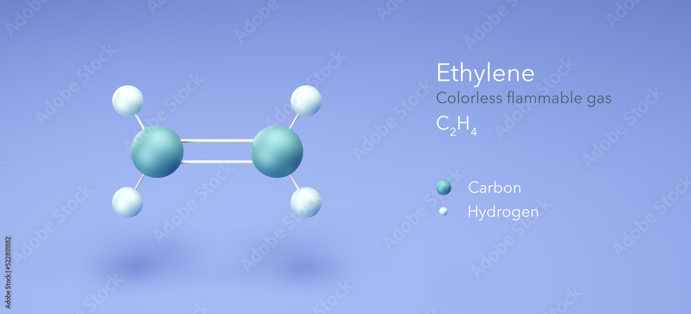 ethylene, colorless flammable gas, molecular structures, 3d rendering ...