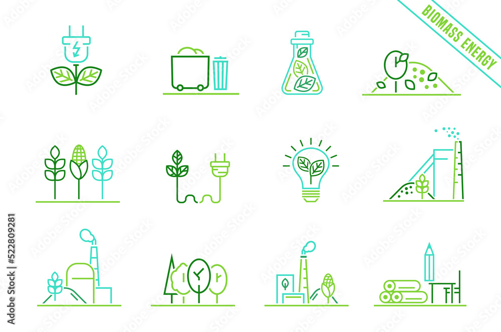 Biomass renewable energy signs collection. Editable vector illustration ...
