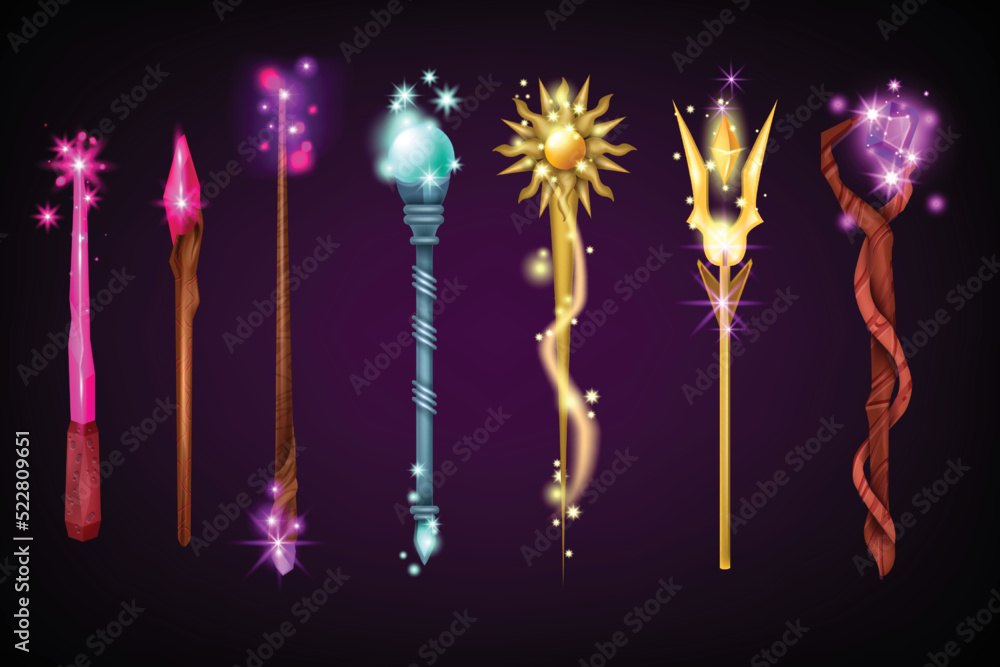 Magic wand vector set, game wizard weapon staff kit, fairy witchcraft ...