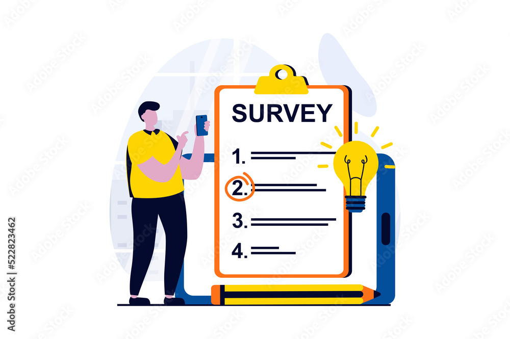 Online survey concept with people scene in flat cartoon design. Man ...