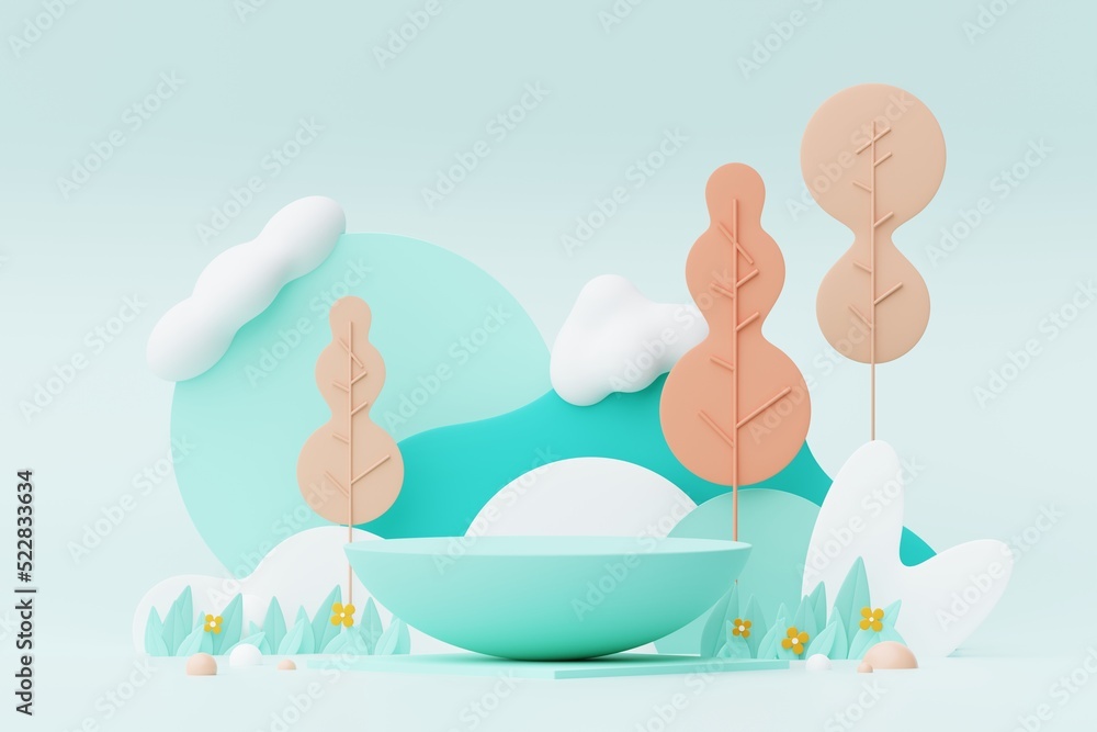 Abstract Pastel of nature, flowers leaves and tree plants with Podium ...