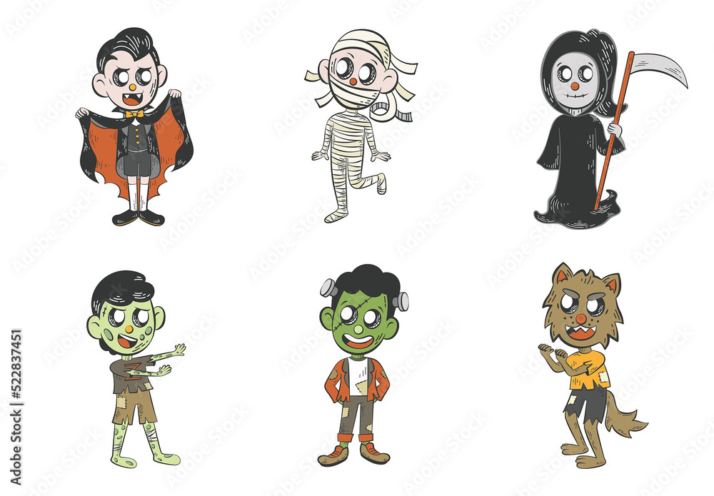 Halloween Characters Vampire Zombie Grim Reaper Frankenstein Monster ...