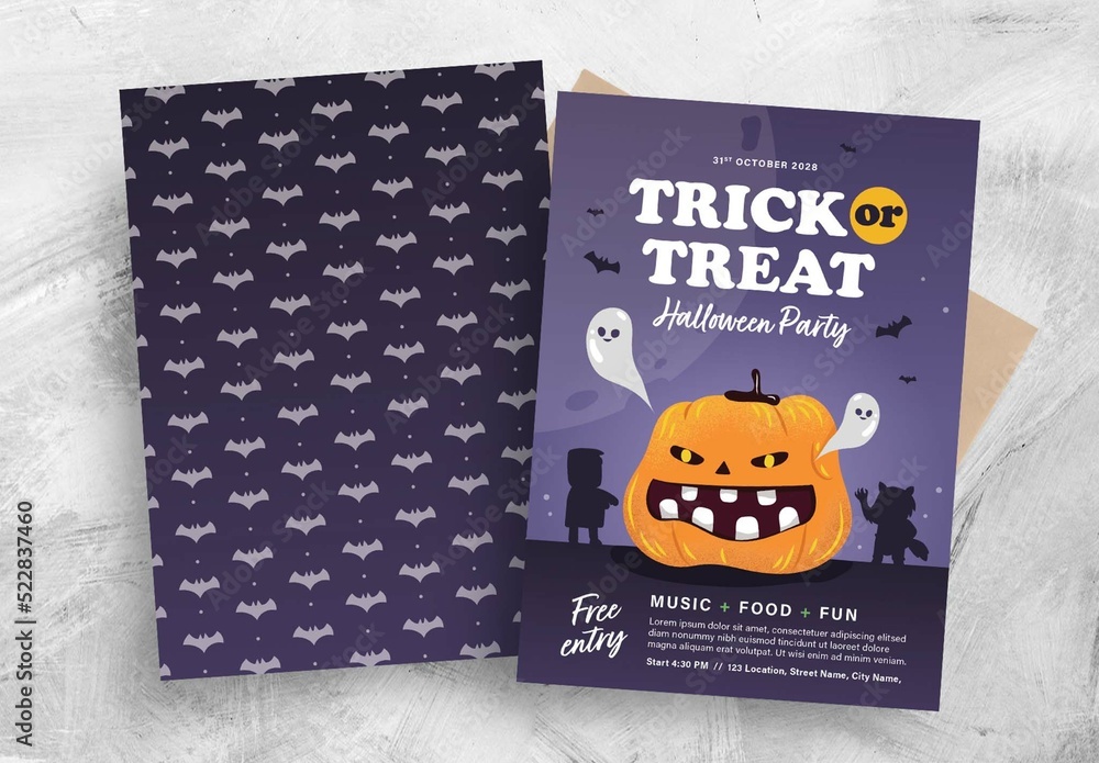 Halloween Trick or Treat Flyer Poster with Grinning Pumpkin Stock ...