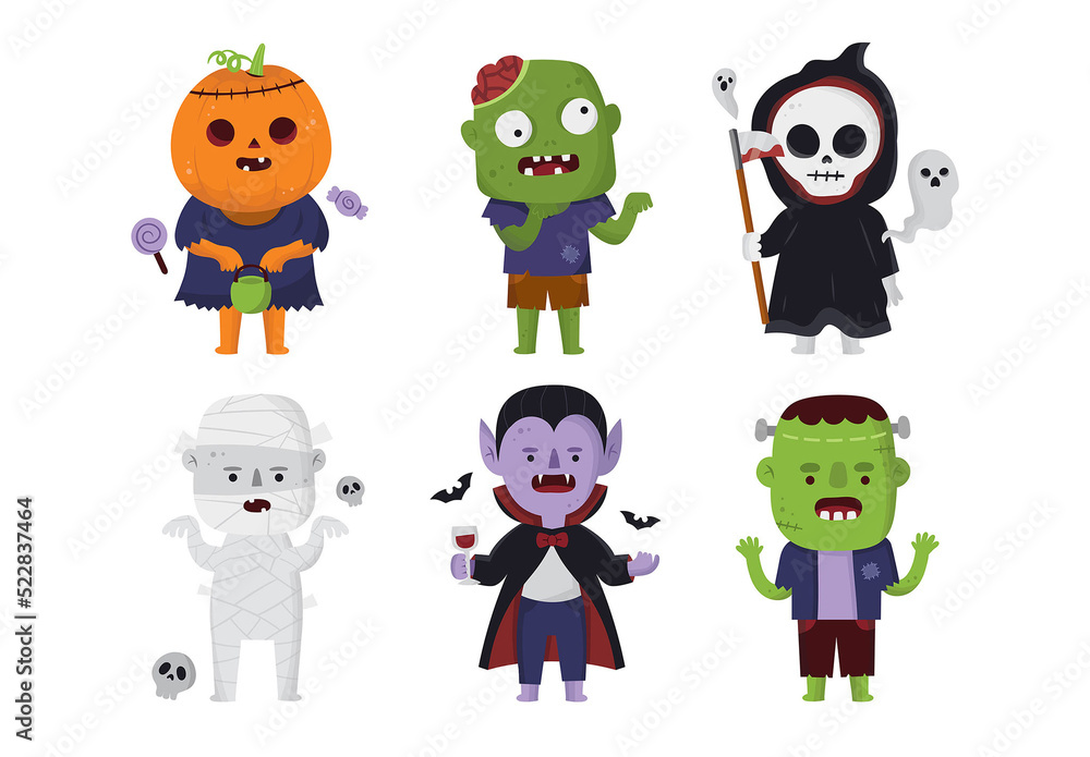 Cute Halloween Clipart Characters Pumpkin Jack O Lantern Zombie Grim ...